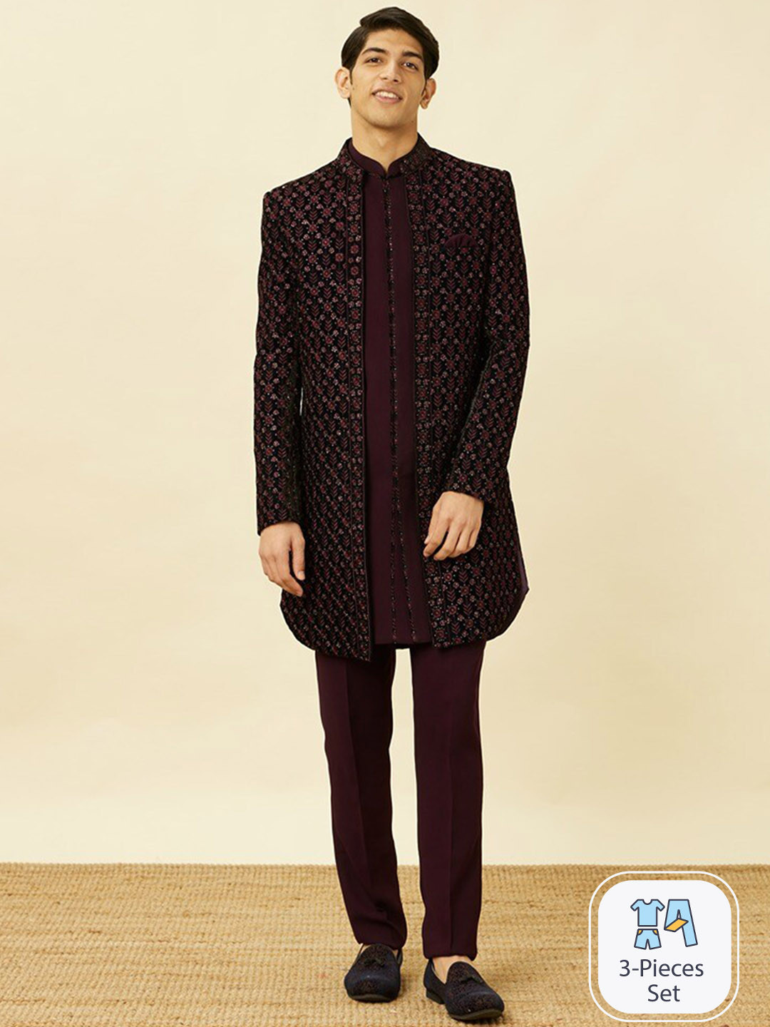 Buy Manyavar Self Design Sherwani & Sleeveless Shirt With Solid Trouser ...