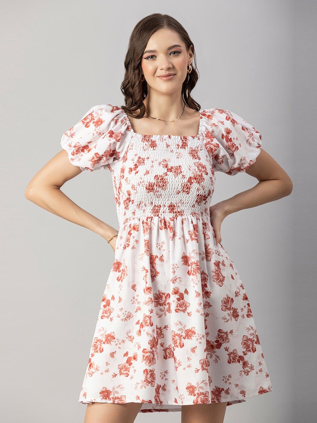Buy Moomaya Floral Printed Square Neck Puffed Sleeves Smocked Fit