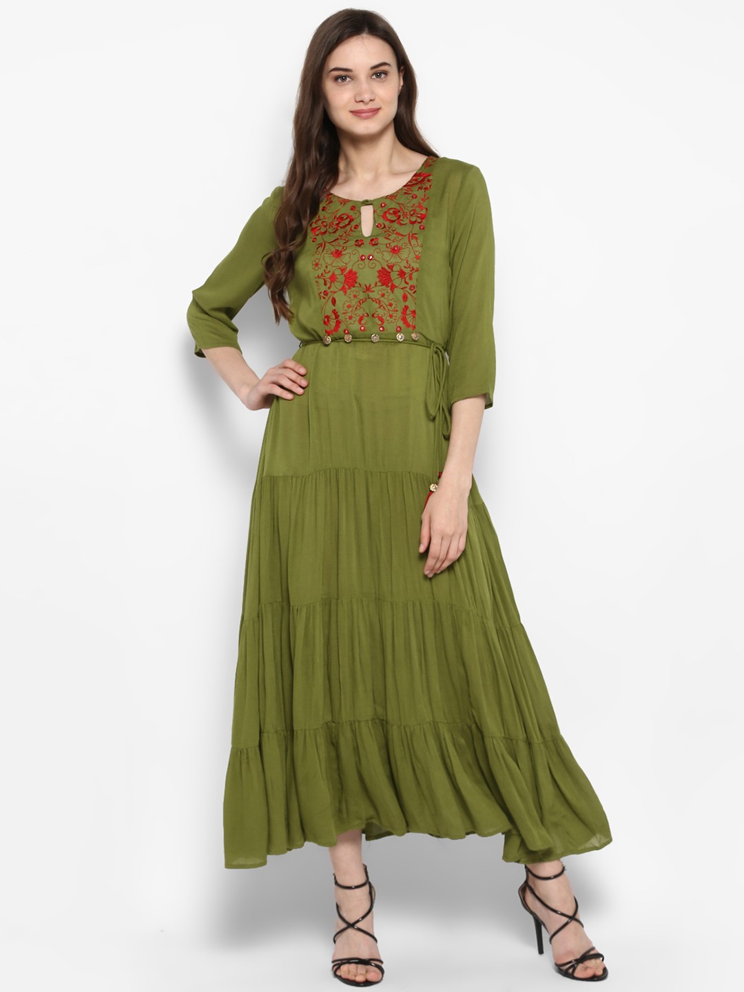 Buy Juniper Women Olive Green And Red Embroidered Maxi Dress Ethnic