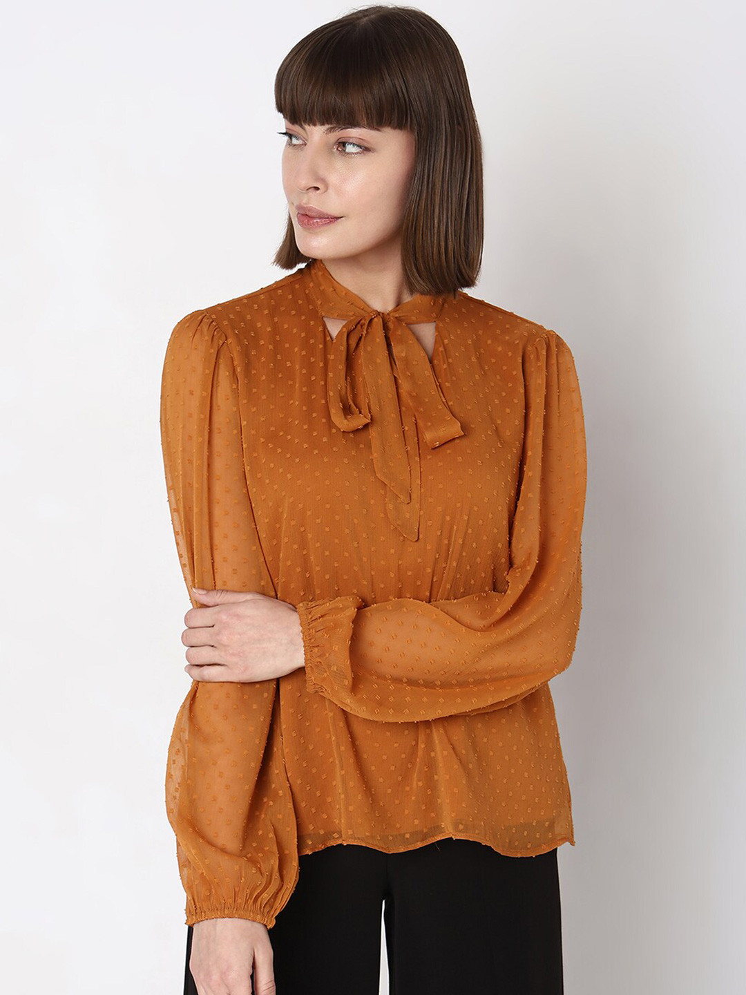 Buy Vero Moda Self Design Tie Up Neck Puff Sleeves Sheen Top - Tops for ...