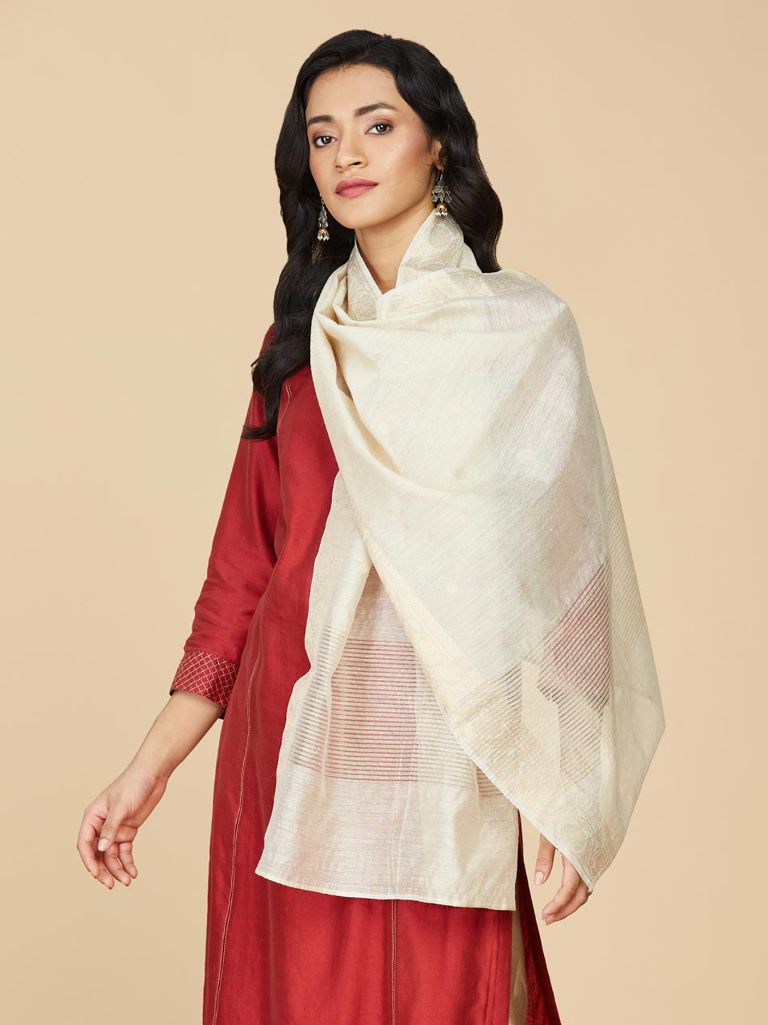 Buy Fabindia Ethnic Motifs Woven Design Silk Stole - Stoles for Women ...