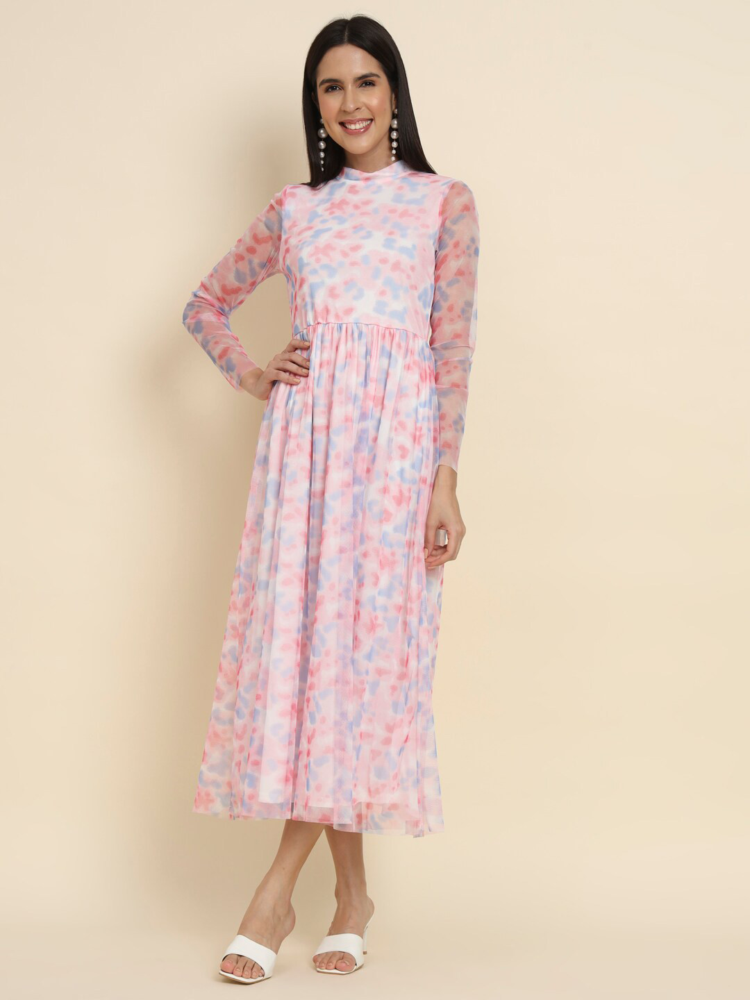 Buy HERE&NOW Abstract Printed Net Fit & Flare Midi Dress - Dresses for ...