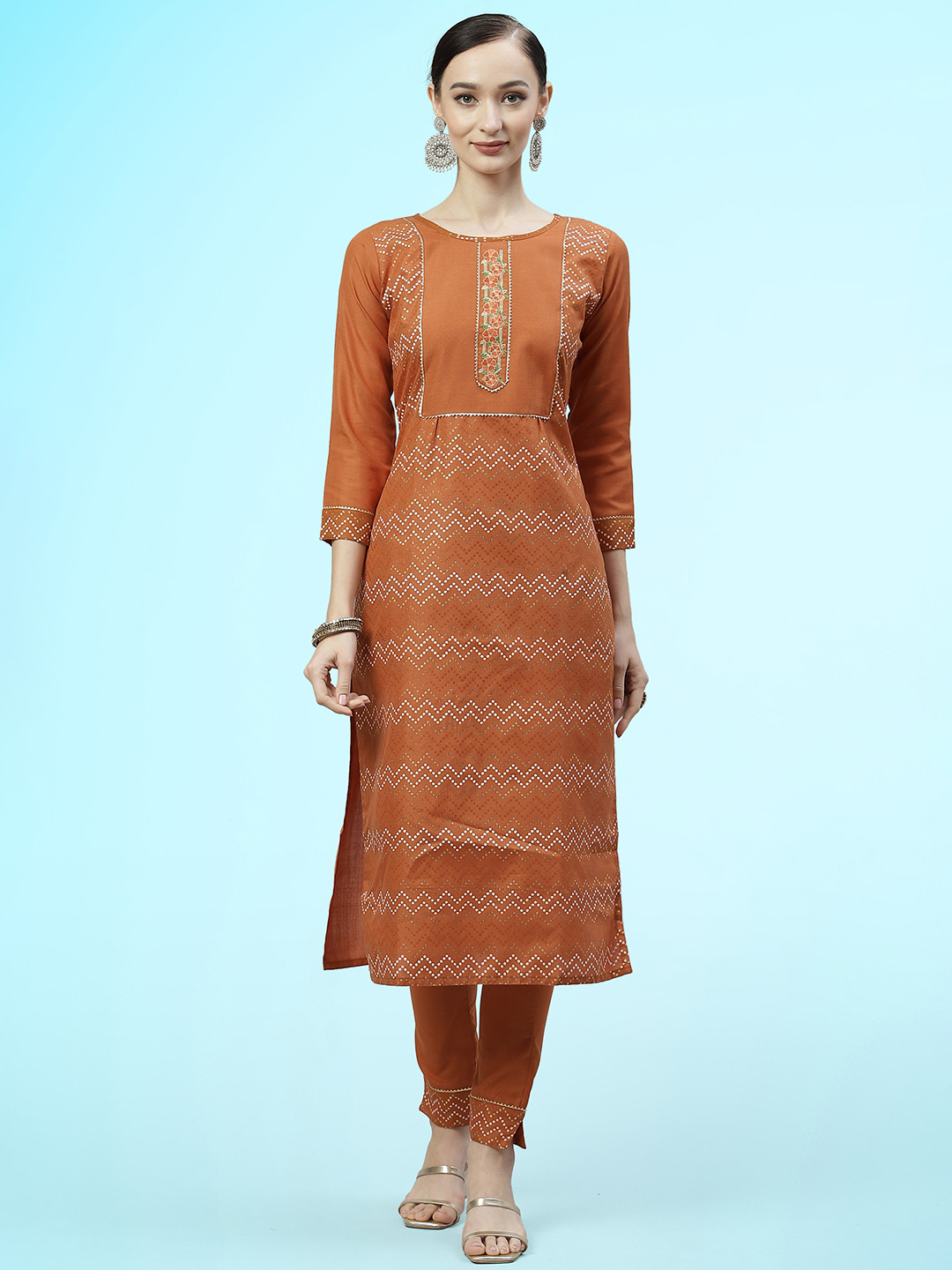 Buy Sangria Rust Chevron Embroidered Gotta Patti Pure Silk Kurta With ...