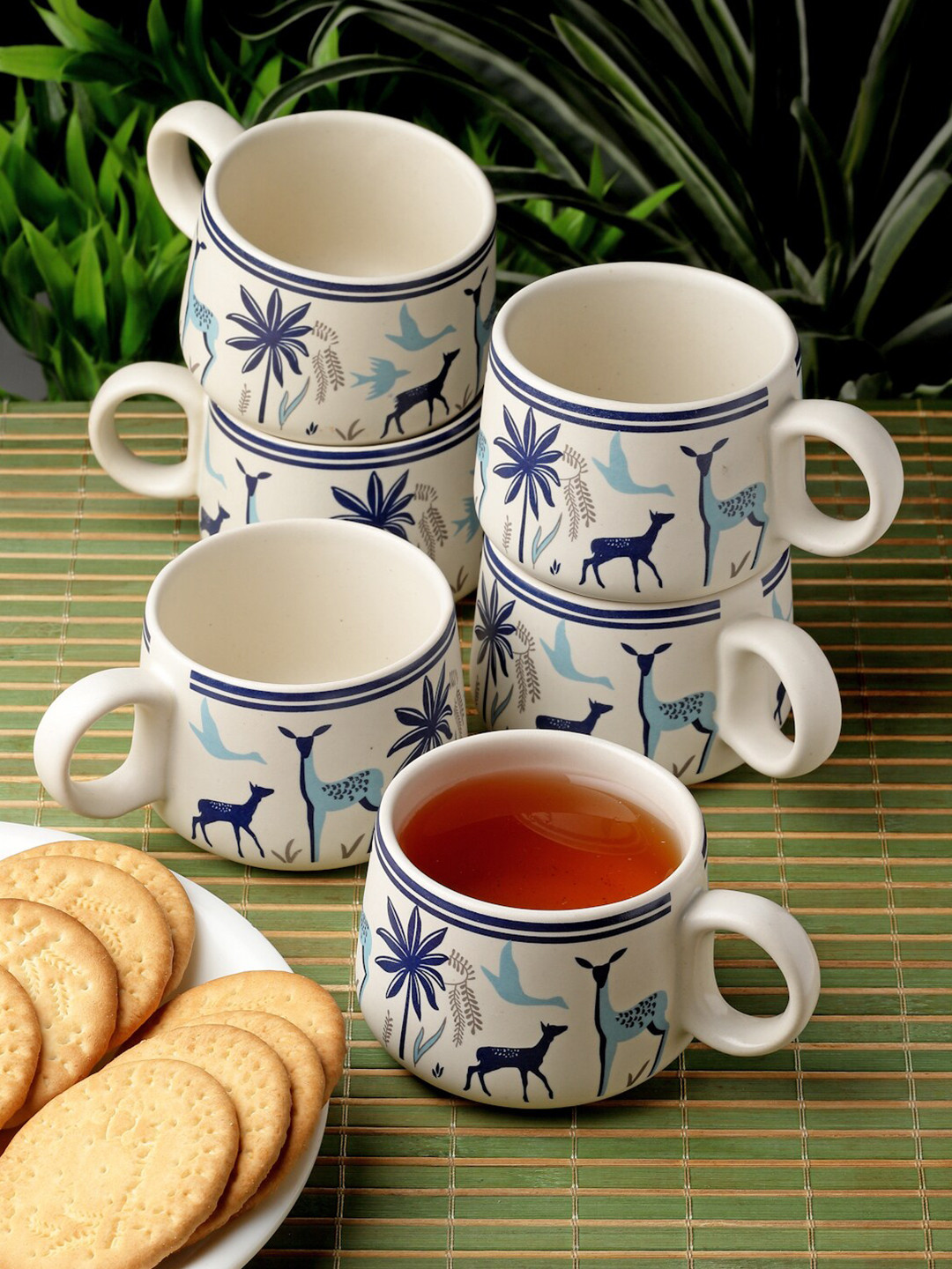 Buy Arrabi Blue & White 6 Pieces Handcrafted Printed Stoneware Matte Cups 150 ML Each - Cups And ...