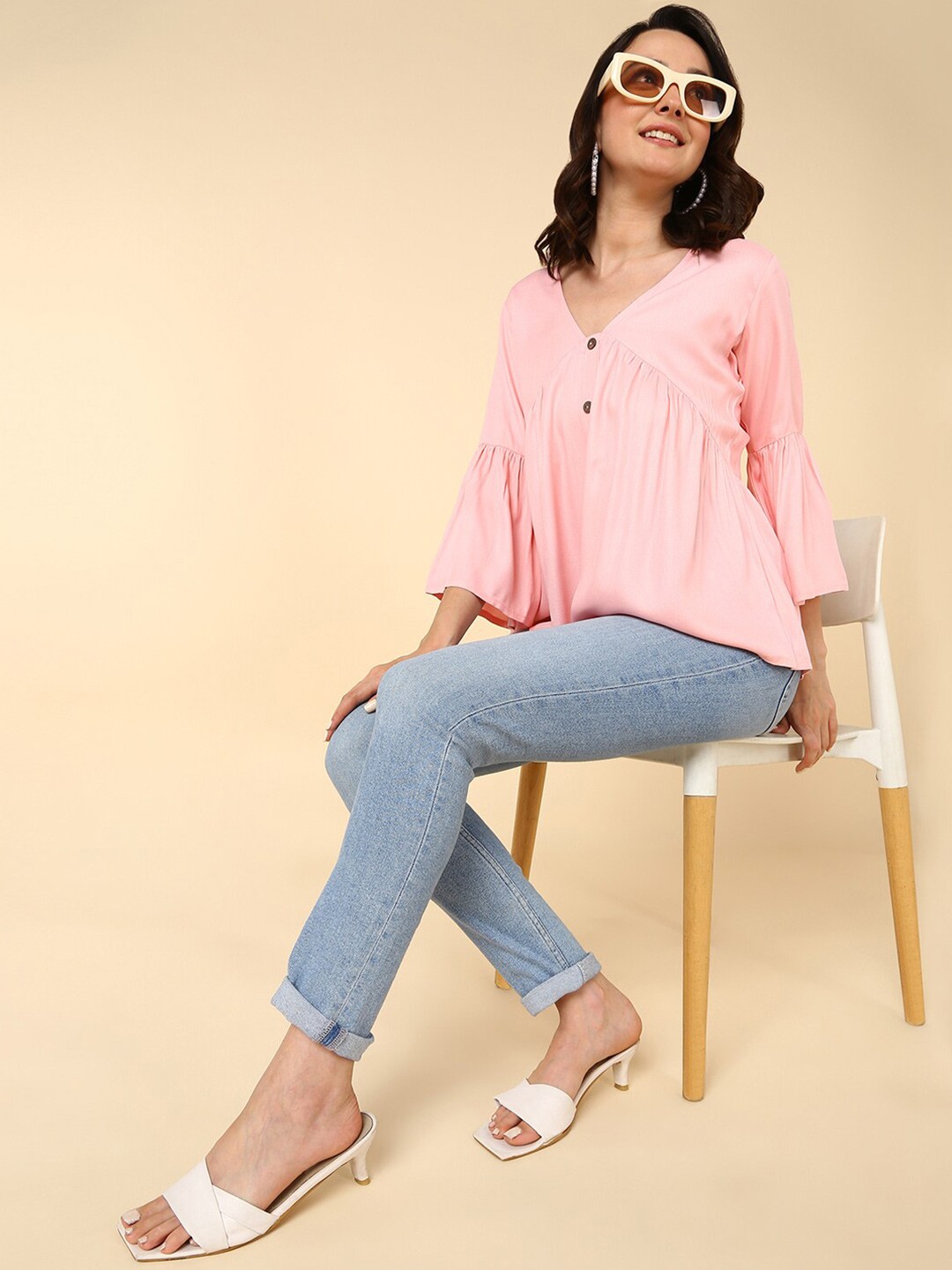 Buy Hereandnow V Neck Bell Sleeve Top Tops For Women 24679058 Myntra