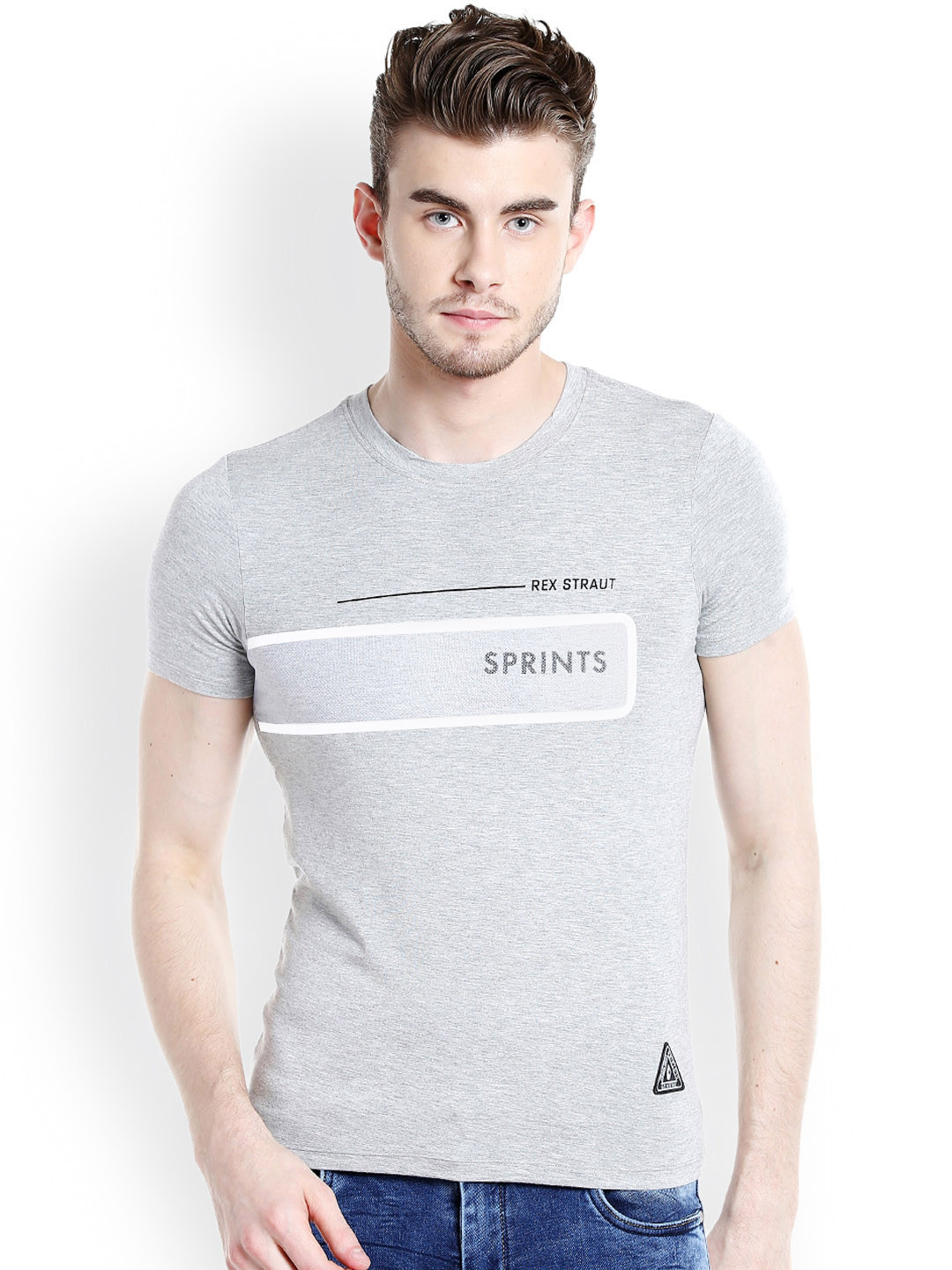 Buy Rex Straut Jeans Men Grey Melange Printed Round Neck T Shirt ...