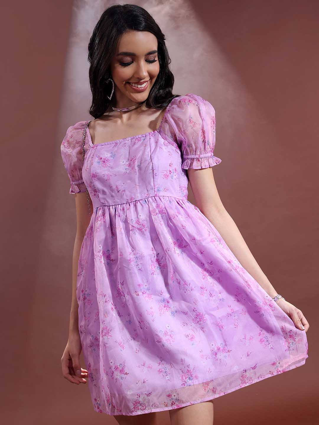 Buy Tokyo Talkies Violet Floral Print Bell Sleeve Fit & Flare Dress ...