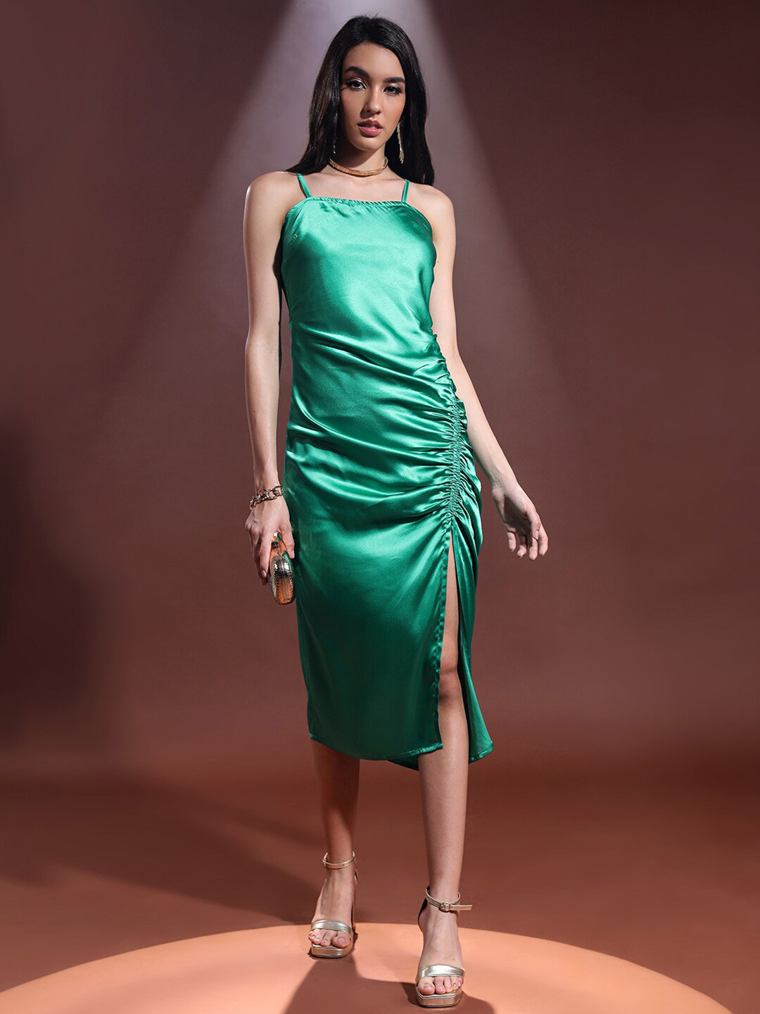 Buy Tokyo Talkies Green Shoulder Straps Satin Sheath Midi Dress ...
