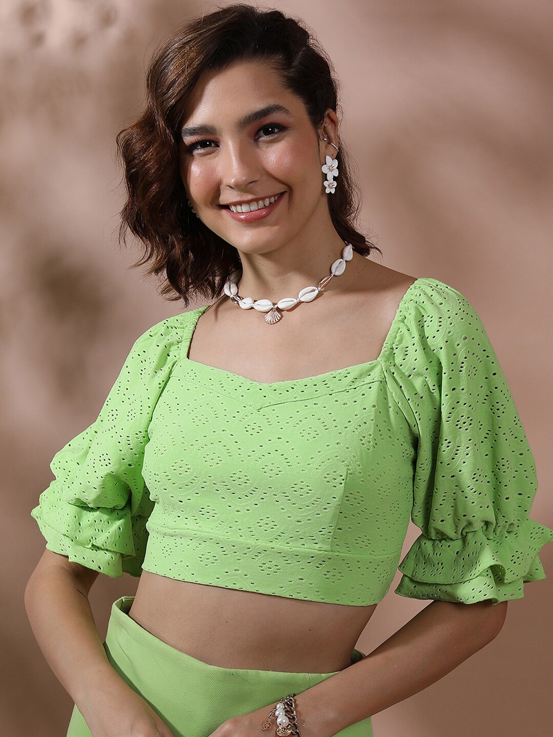 Buy Tokyo Talkies Green Puff Sleeve Crop Top Tops For Women 24686232