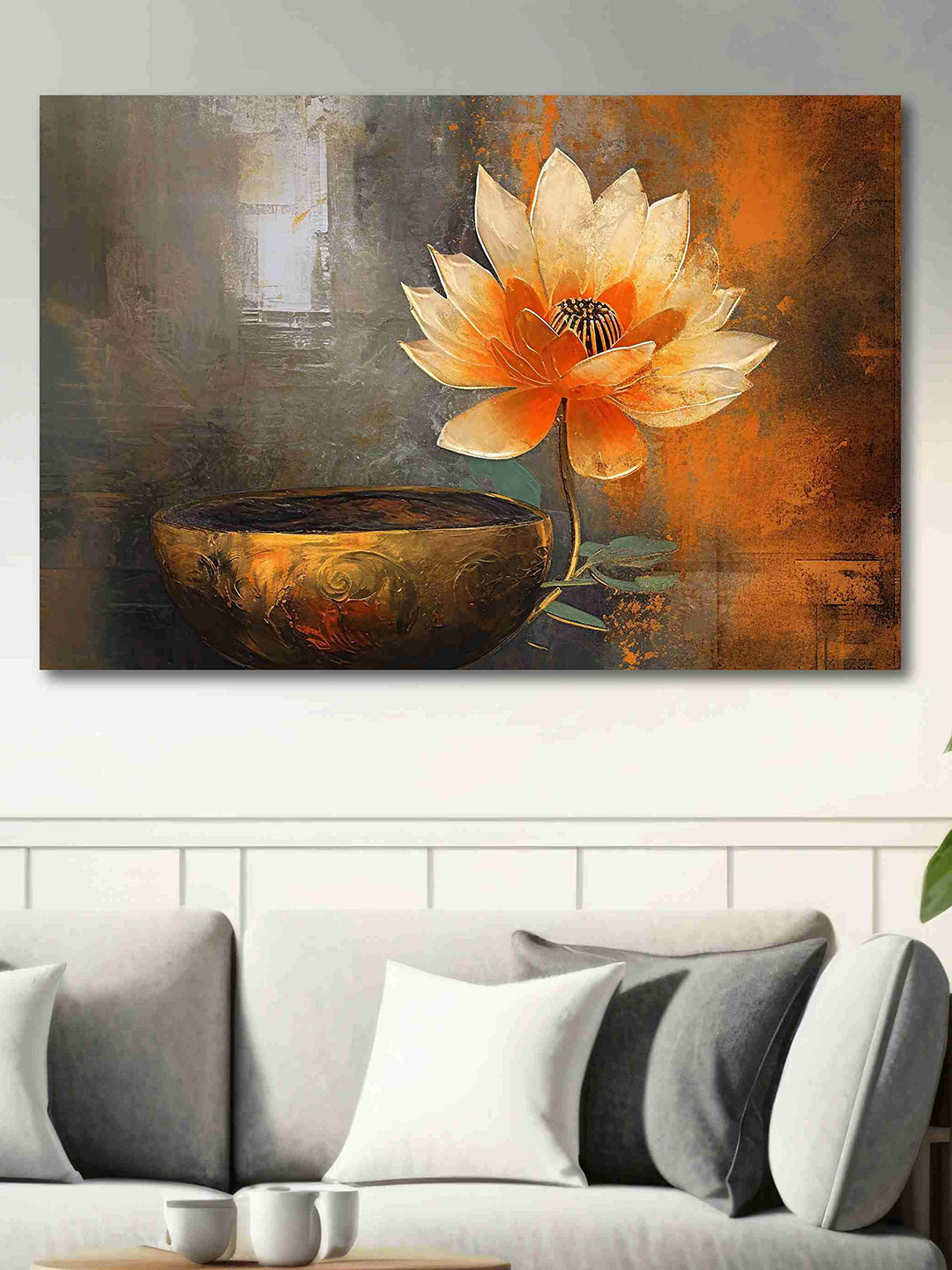 Buy SAF Grey & Orange Abstract Floral Printed Cotton Wall Art - Wall ...
