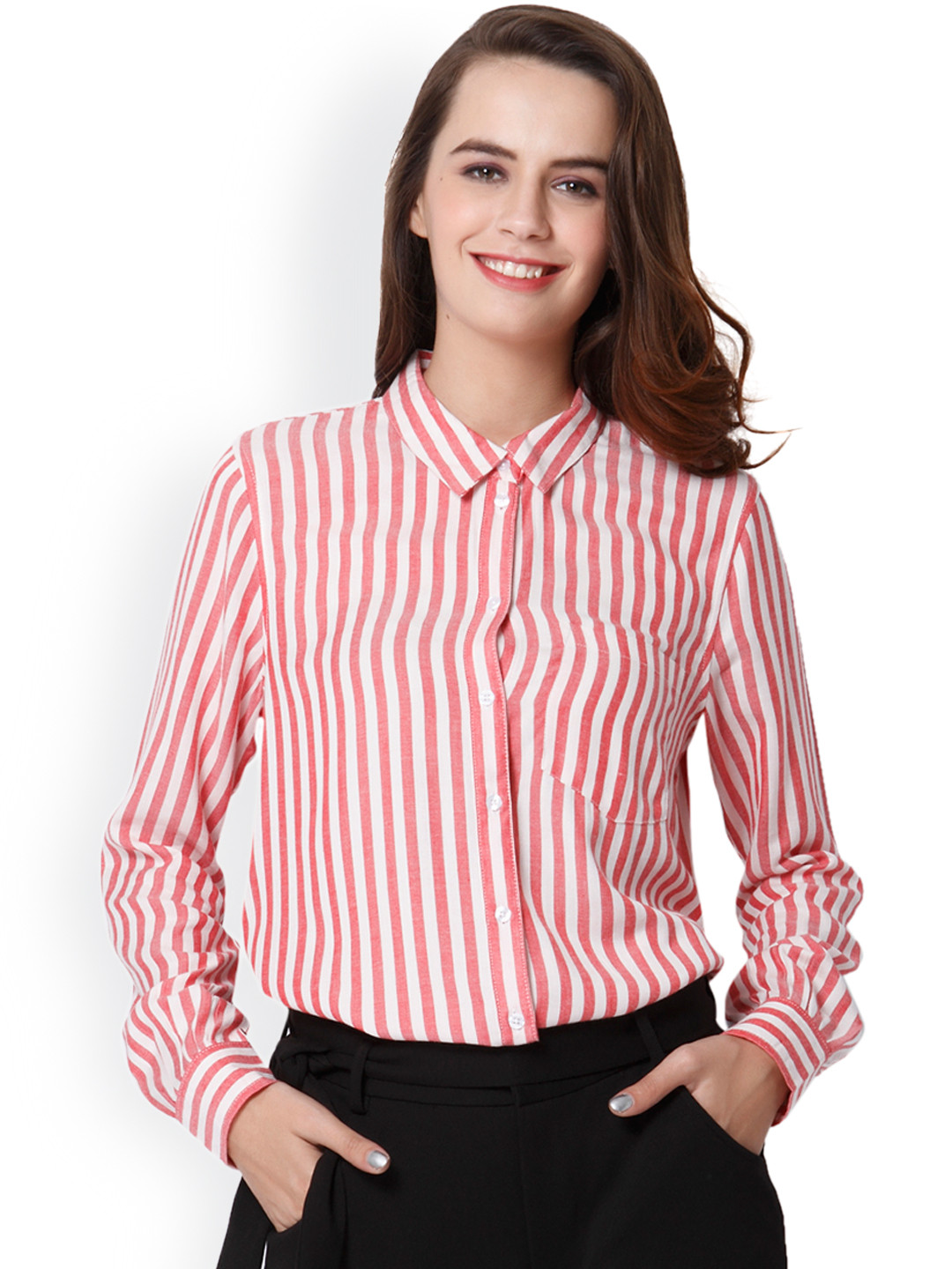 Buy ONLY Women Red & White Regular Fit Striped Casual Shirt - Shirts ...