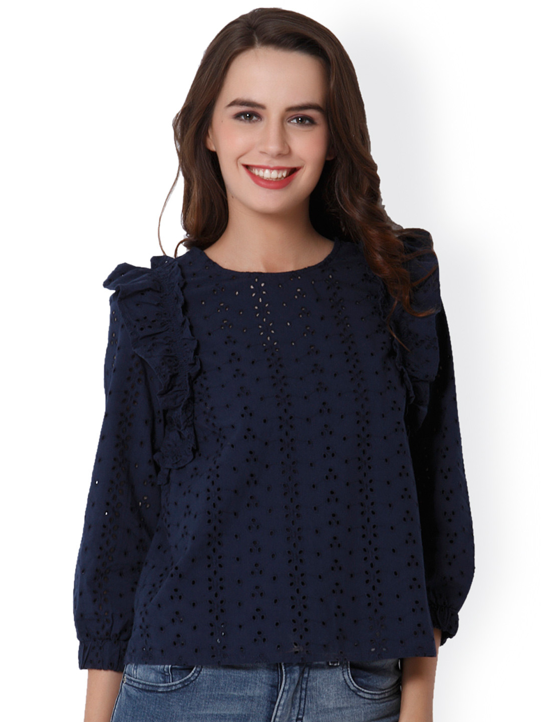 Buy ONLY Women Navy Blue Self Design Pure Cotton Top - Tops for Women ...