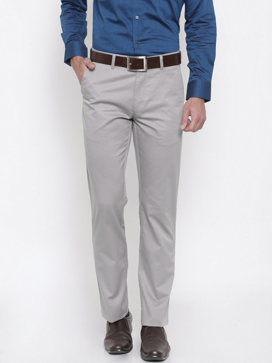 Buy ColorPlus Men Grey Slim Fit Solid Formal Trousers - Trousers for ...
