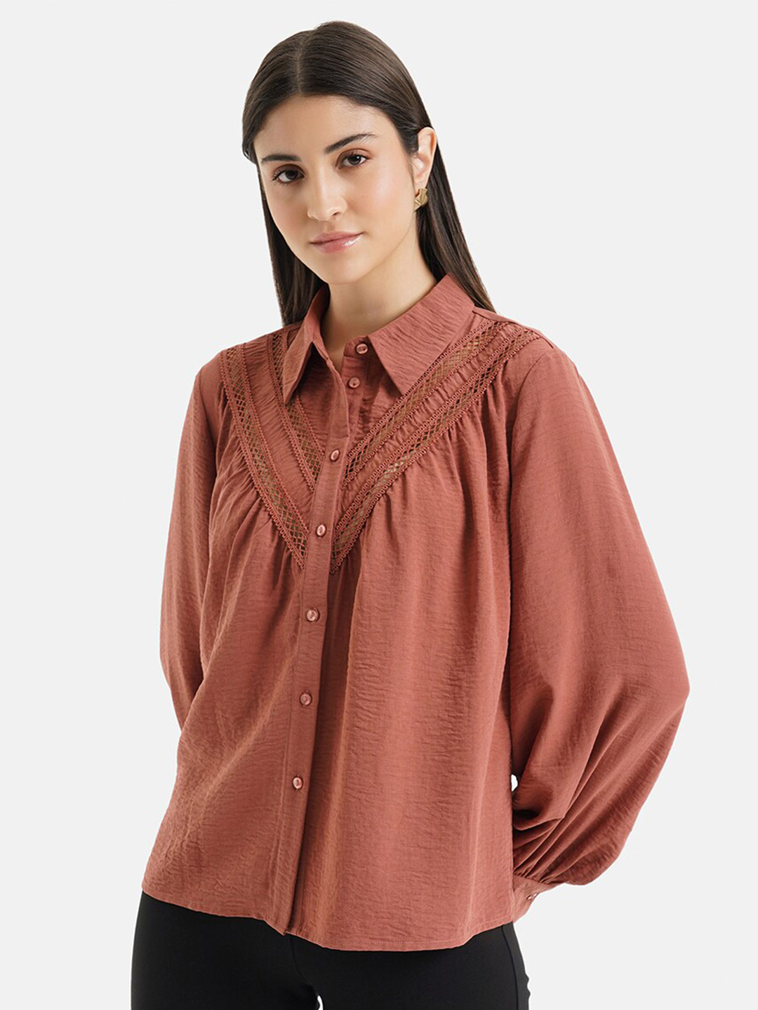 Buy Kazo Shirt Collar Cuffed Sleeves Lace Inserts Detail Shirt Style ...