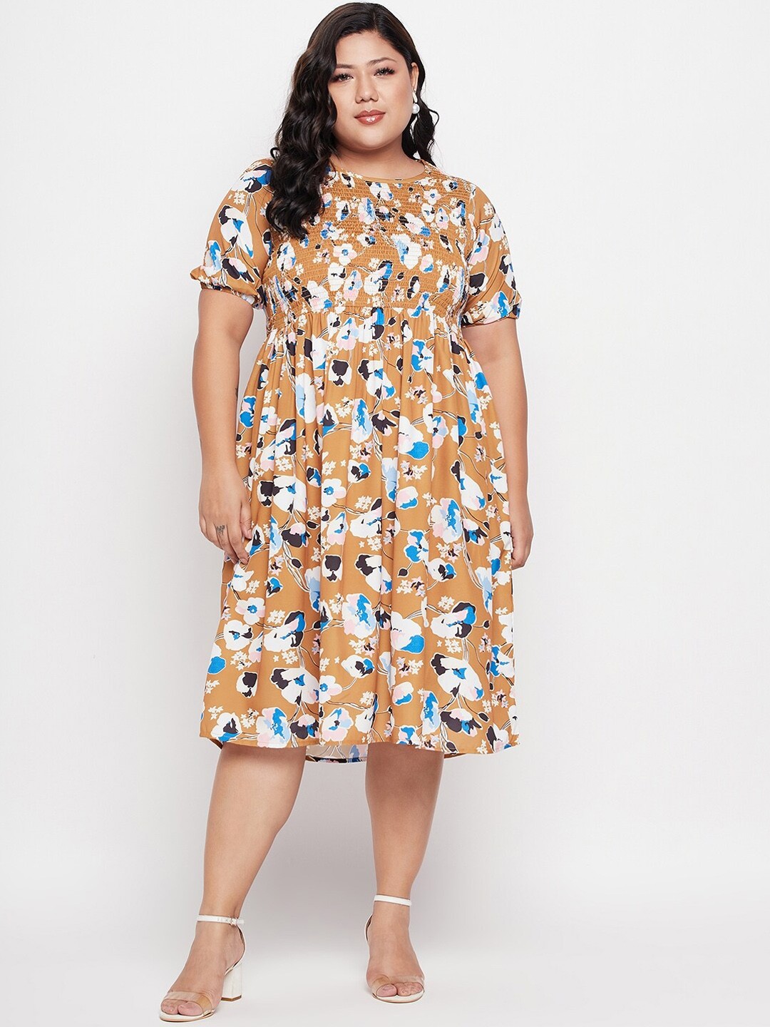 Buy Nabia Plus Size Floral Printed Smocking Flared Fit And Flare Dress