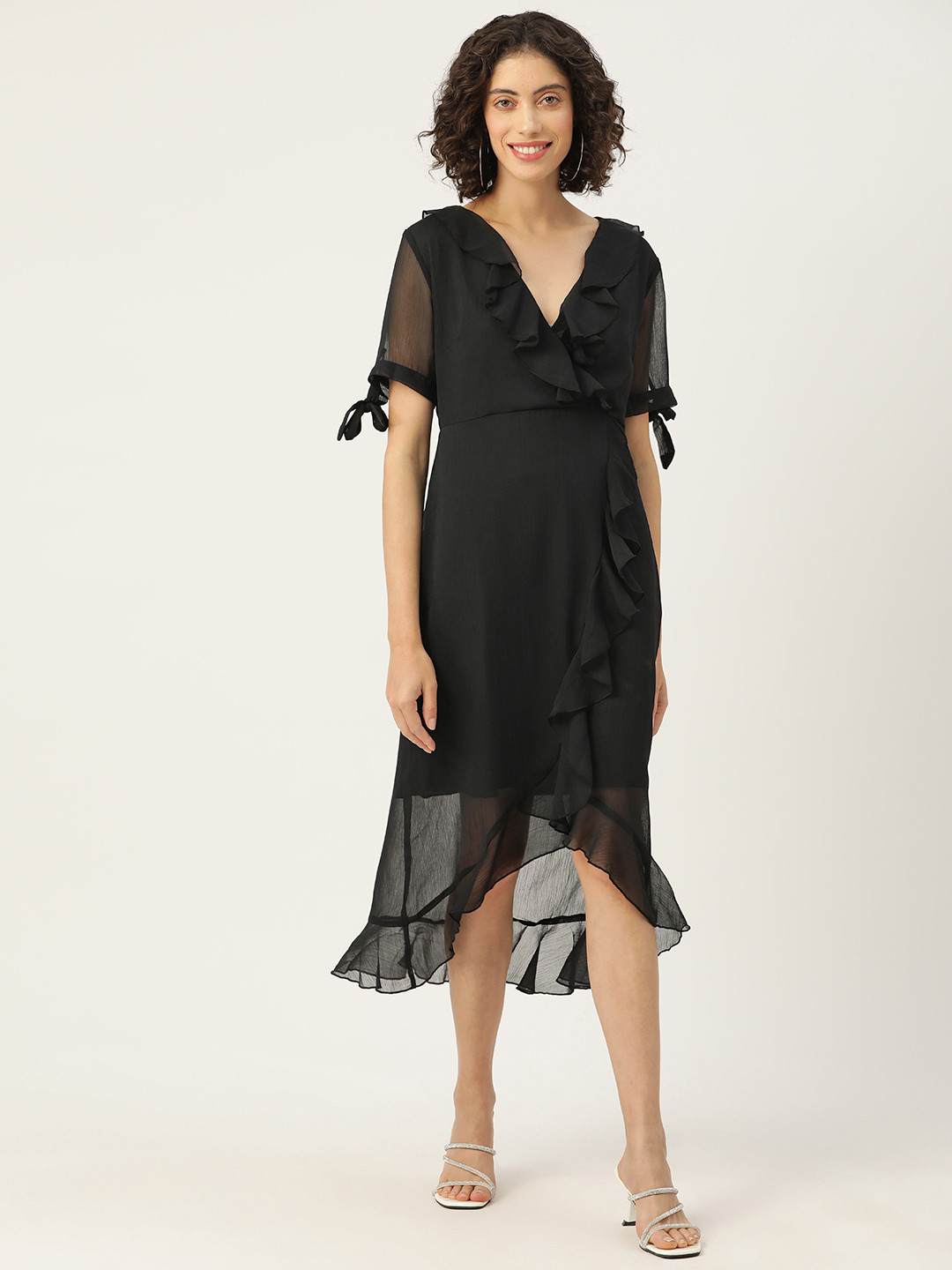 Buy Rue Collection Solid Puff Sleeve Ruffled Chiffon A Line Midi Dress ...