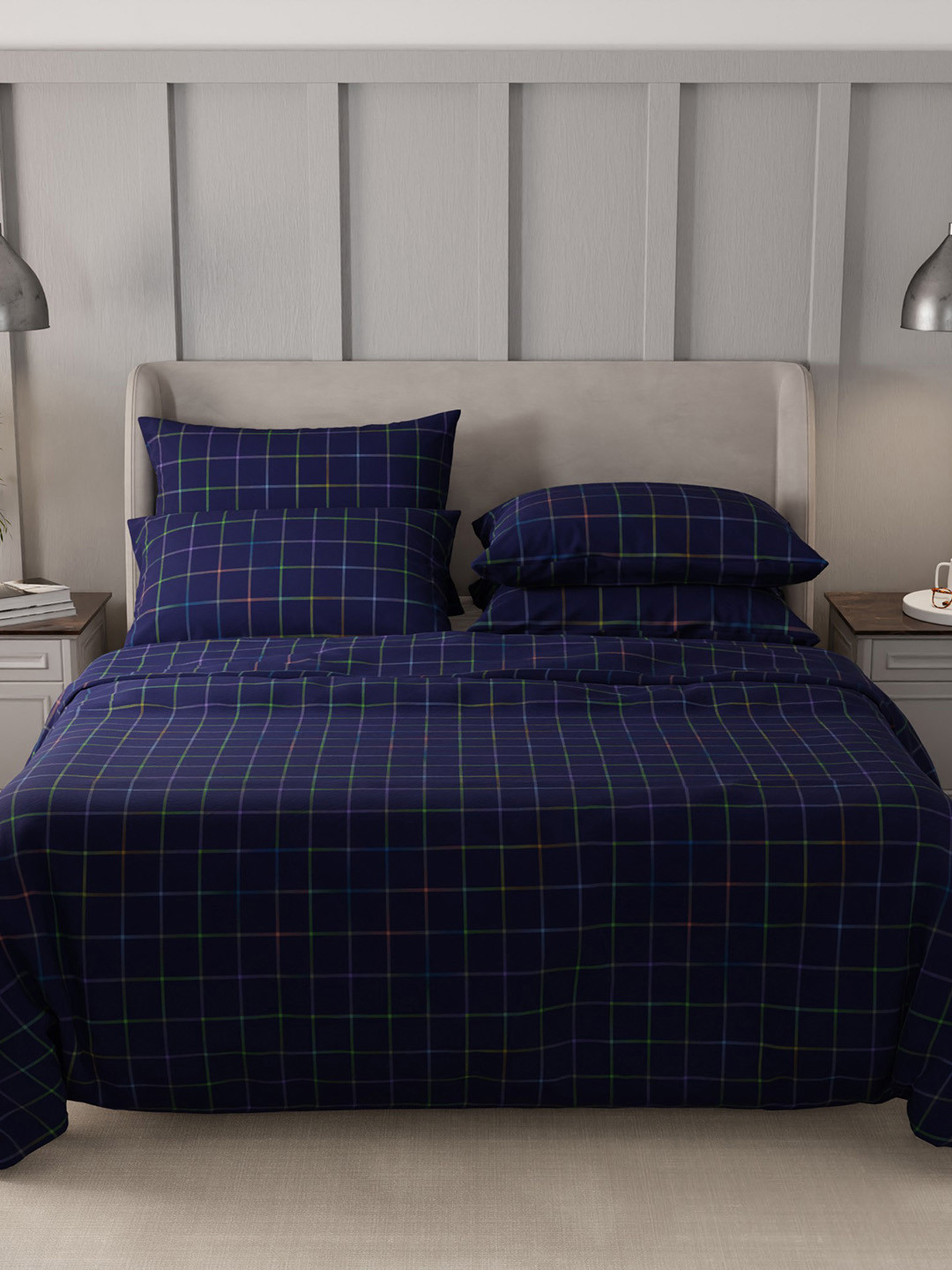 Buy Stoa Paris Vogue Navy Blue Checked Double King Bedding Set ...