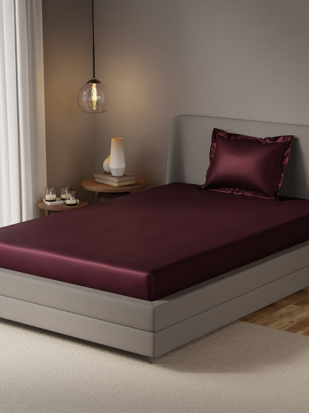 Buy Stoa Paris Date Night Maroon 300 TC Fitted Single Satin Bedsheet ...