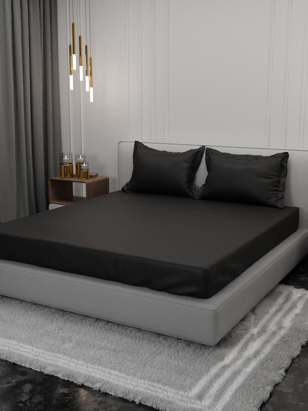 Buy Stoa Paris Date Night Black Fitted 300 TC King Sheet With 2 Pillow ...