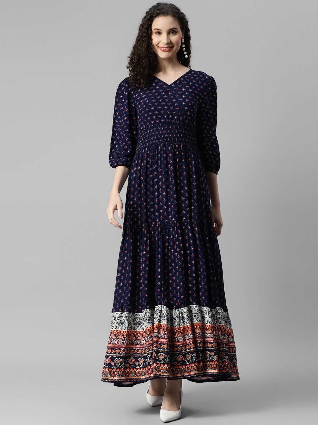 Buy DEEBACO Ethnic Printed Smocked V Neck Tiered Puff Sleeve Fit ...