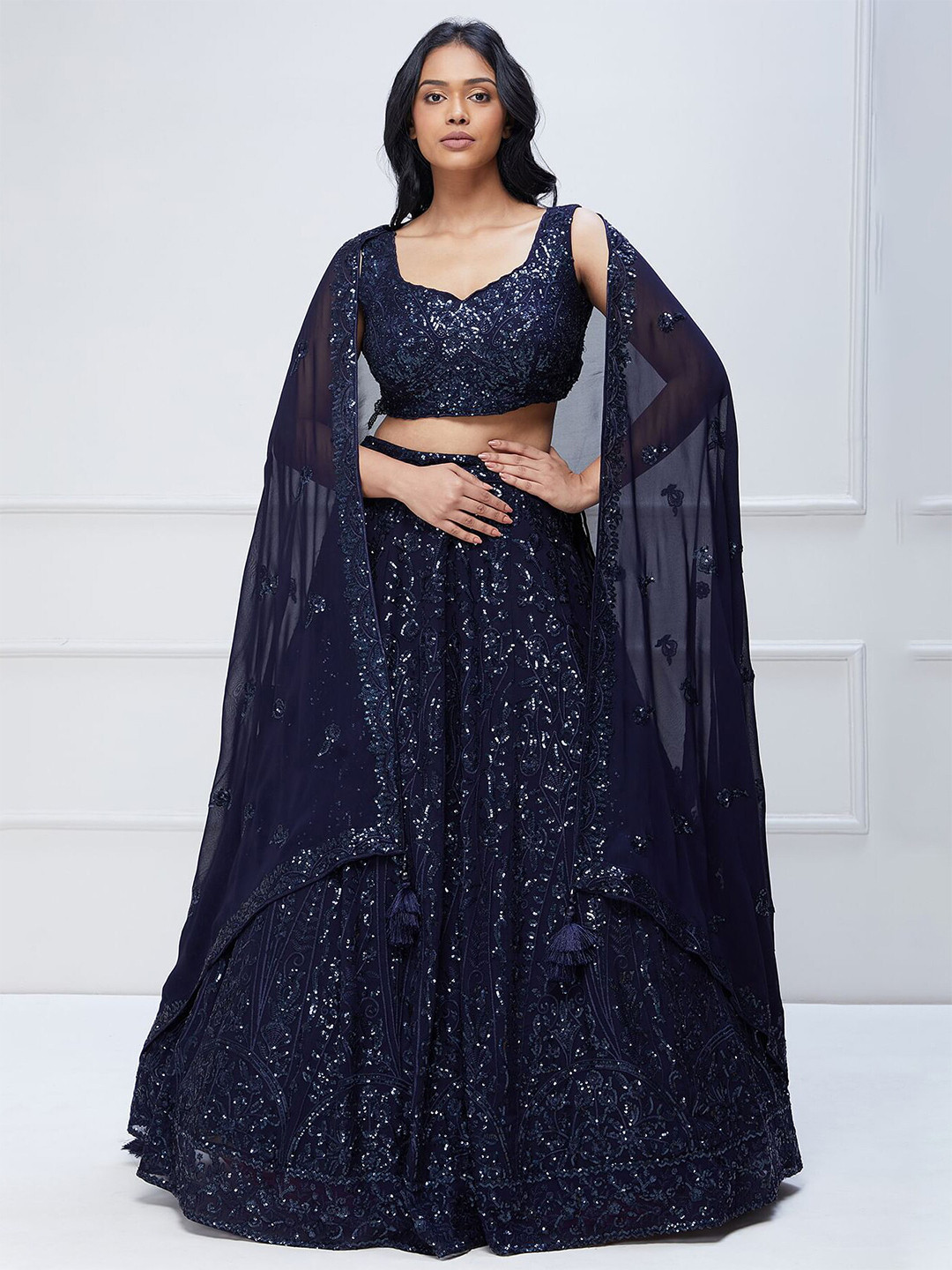 Buy FABPIXEL Embroidered Sequinned Semi Stitched Lehenga & Unstitched ...