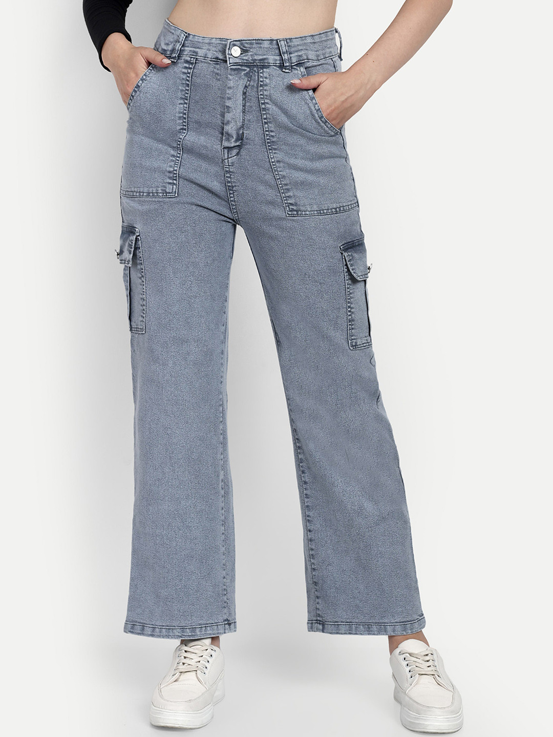 Buy BROADSTAR Women Smart Wide Leg High Rise Stretchable Cargo Jeans ...