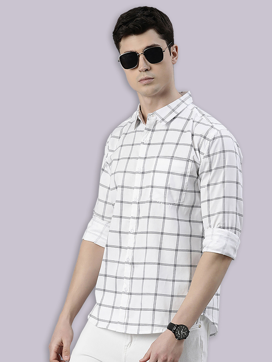 Buy Joven Windowpane Checked Spread Collar Pure Cotton Casual Shirt ...