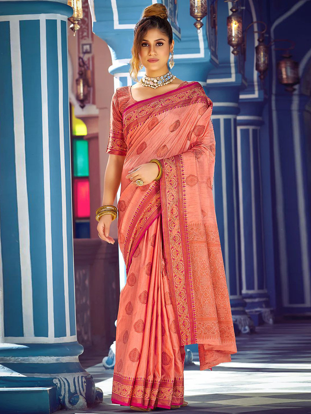 Buy Mitera Coral & Gold Toned Ethnic Motifs Woven Design Zari Banarasi ...