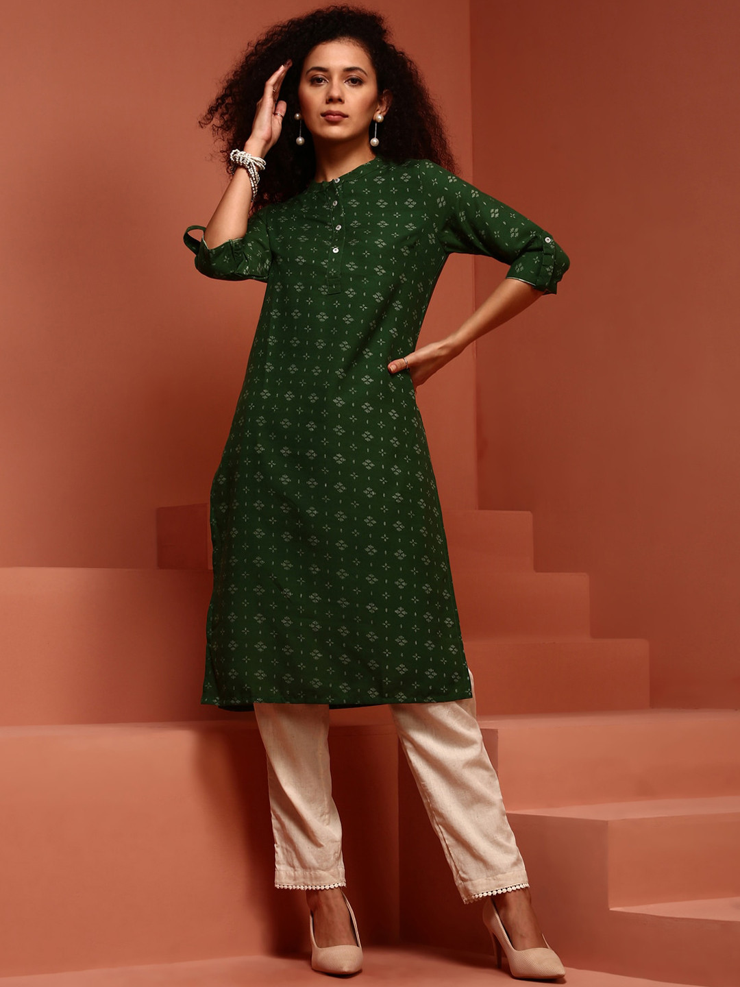Buy IMARA Ethnic Motifs Printed Mandarin Collar Kurta - Kurtas for ...