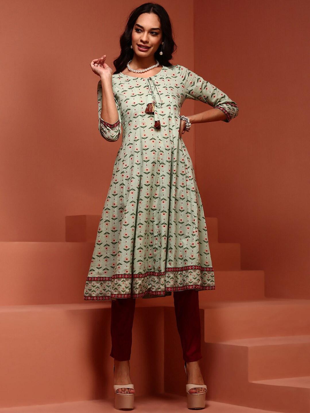 Buy IMARA Floral Printed Tie Up Neck A Line Cotton Kurta - Kurtas for ...