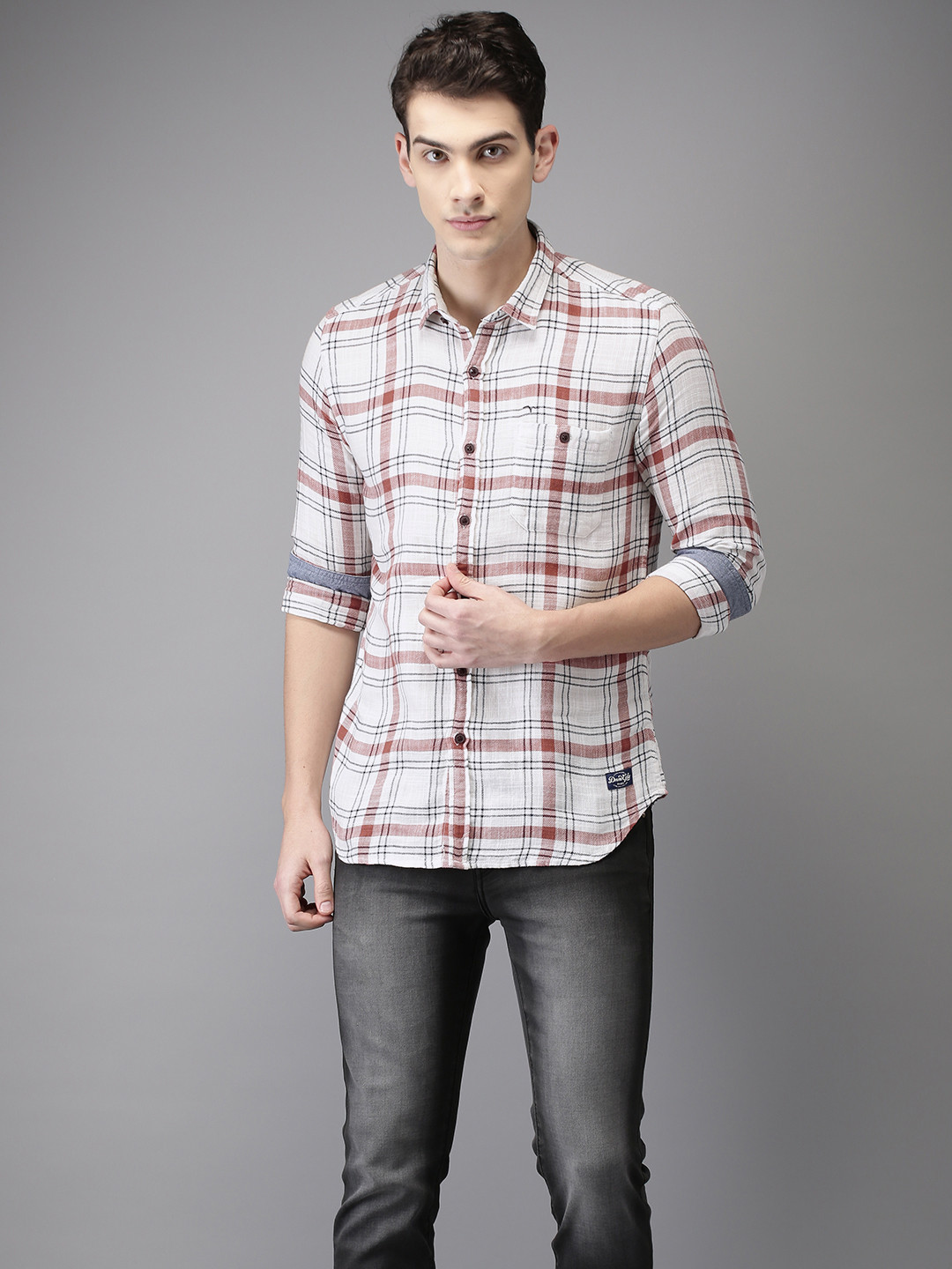 Buy Flying Machine Men White & Rust Slim Fit Checked Casual Shirt ...