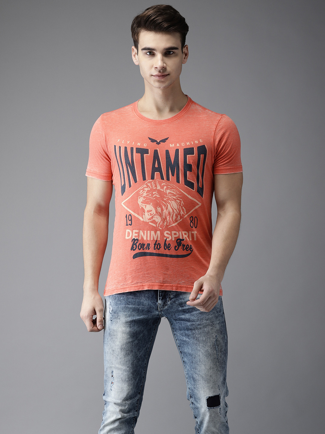 Buy Flying Machine Men Coral Pink Printed Round Neck T Shirt - Tshirts ...