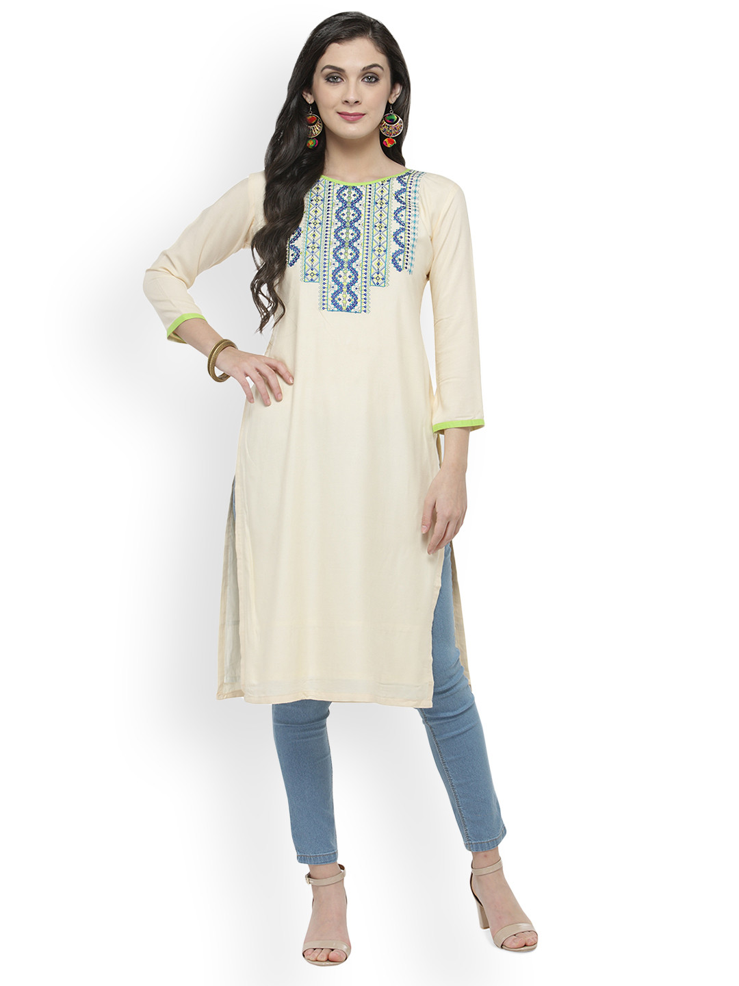Buy Kvsfab Women Cream Coloured Embroidered Straight Kurta - Kurtas for ...