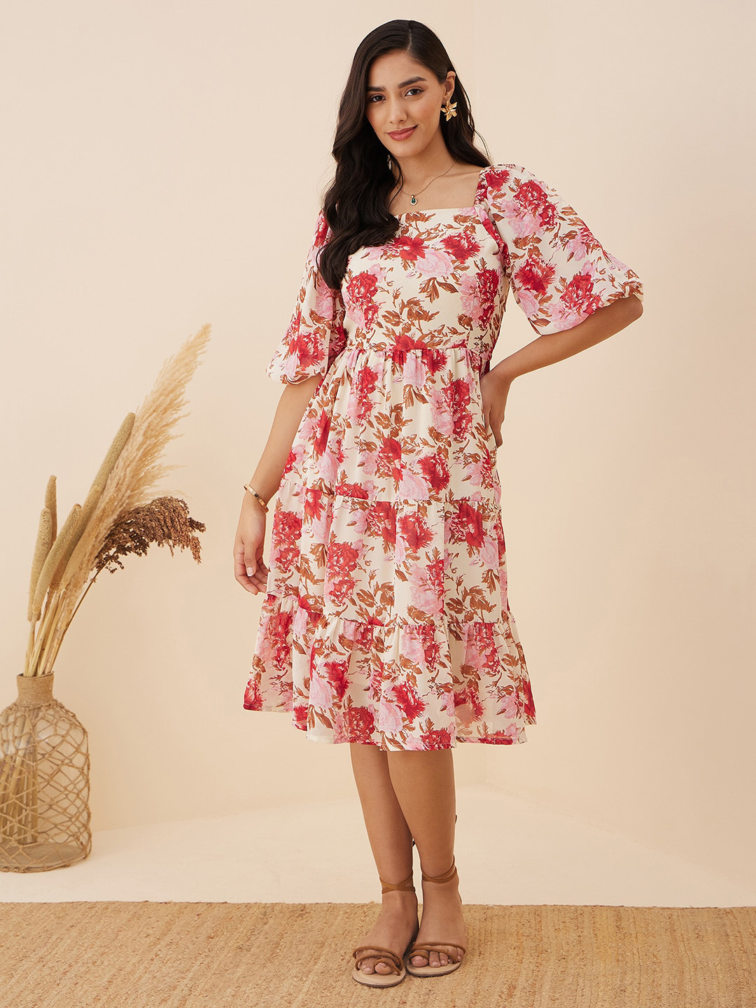 Buy RARE Pink Floral Printed Flared Sleeves Fit And Fare Dress ...