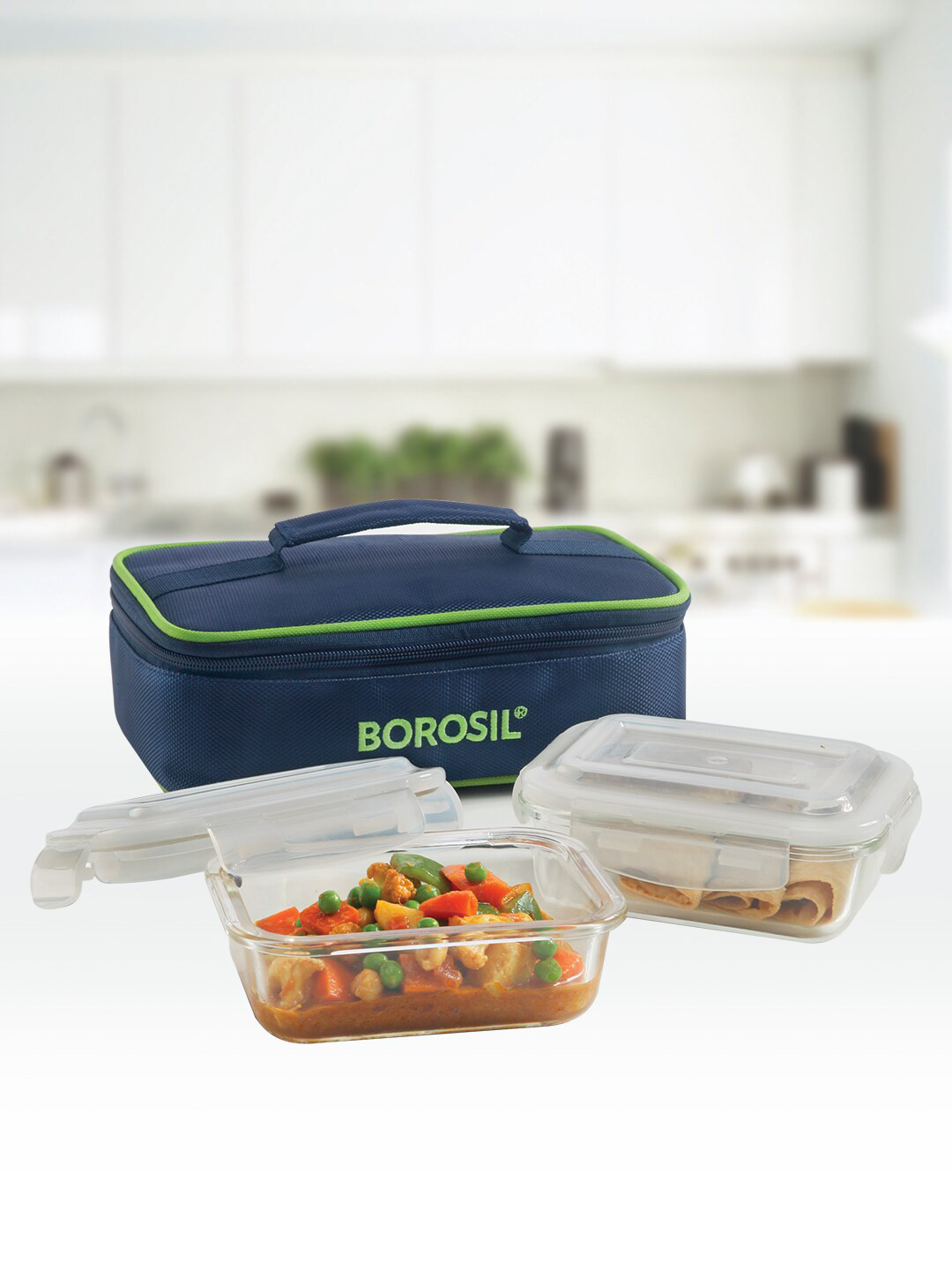 Buy BOROSIL 2 Pcs Transparent & Blue Glass Lunch Boxes With Lunch Bag ...