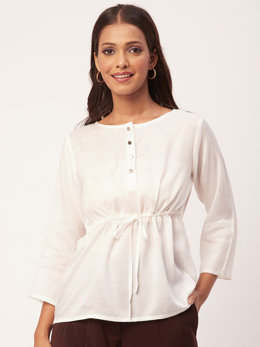 Buy Moomaya Round Neck Tie Up Detailed Cinched Waist Top - Tops for ...