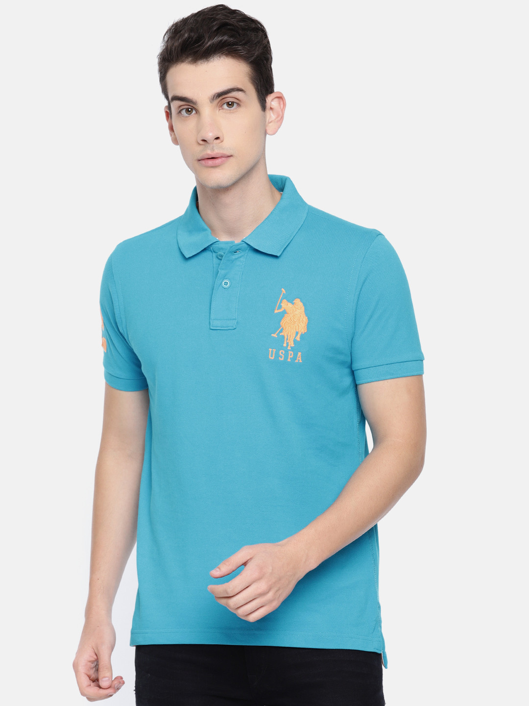 Buy U.S. Polo Assn. Men Turquoise Blue Pique Polo Pure Cotton T Shirt ...
