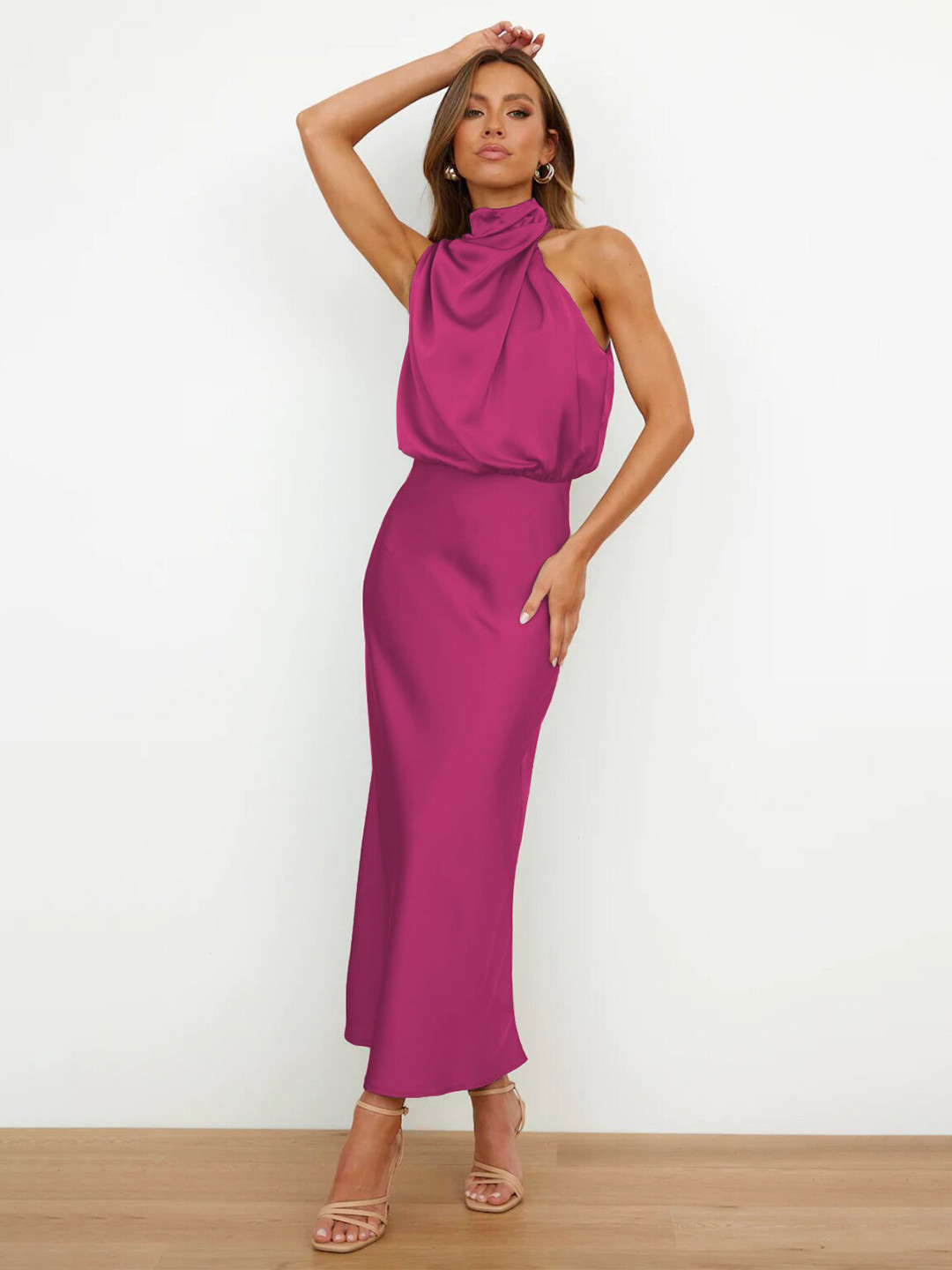 Buy StyleCast Pink High Neck Gathered Detail Sheath Midi Dress ...