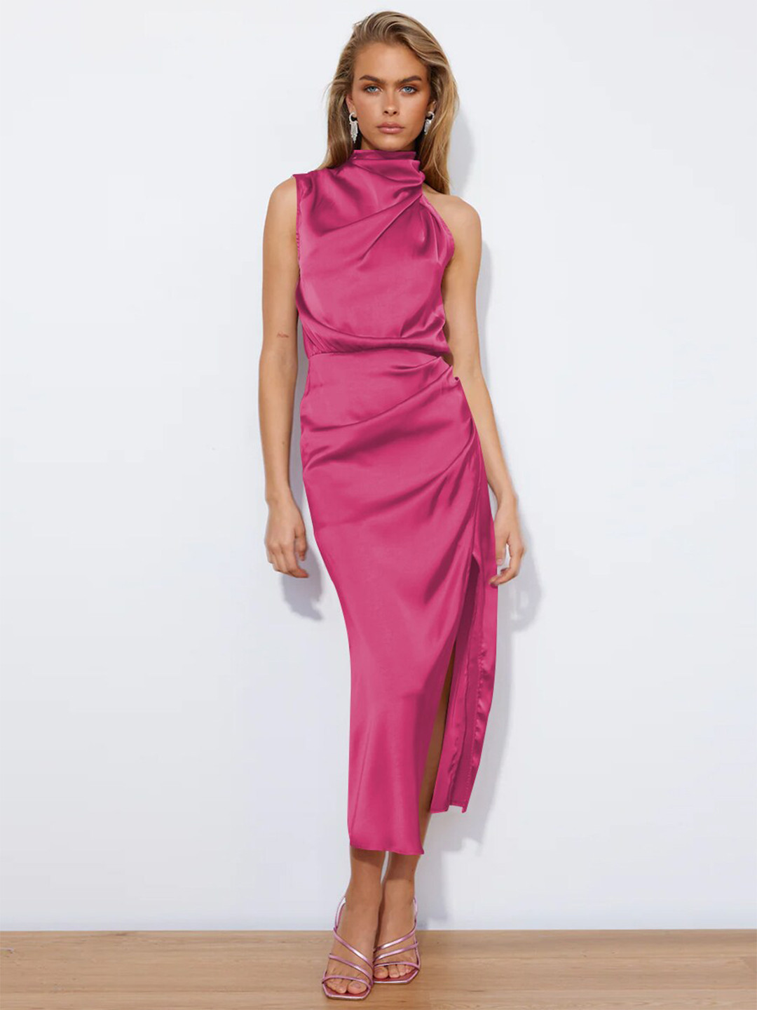 Buy StyleCast Pink High Neck Gathered Detail Ruched Sheath Midi Dress ...