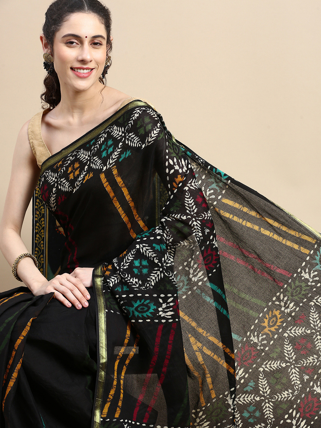Buy SHANVIKA Batik Pure Cotton Block Print Saree - Sarees for Women ...