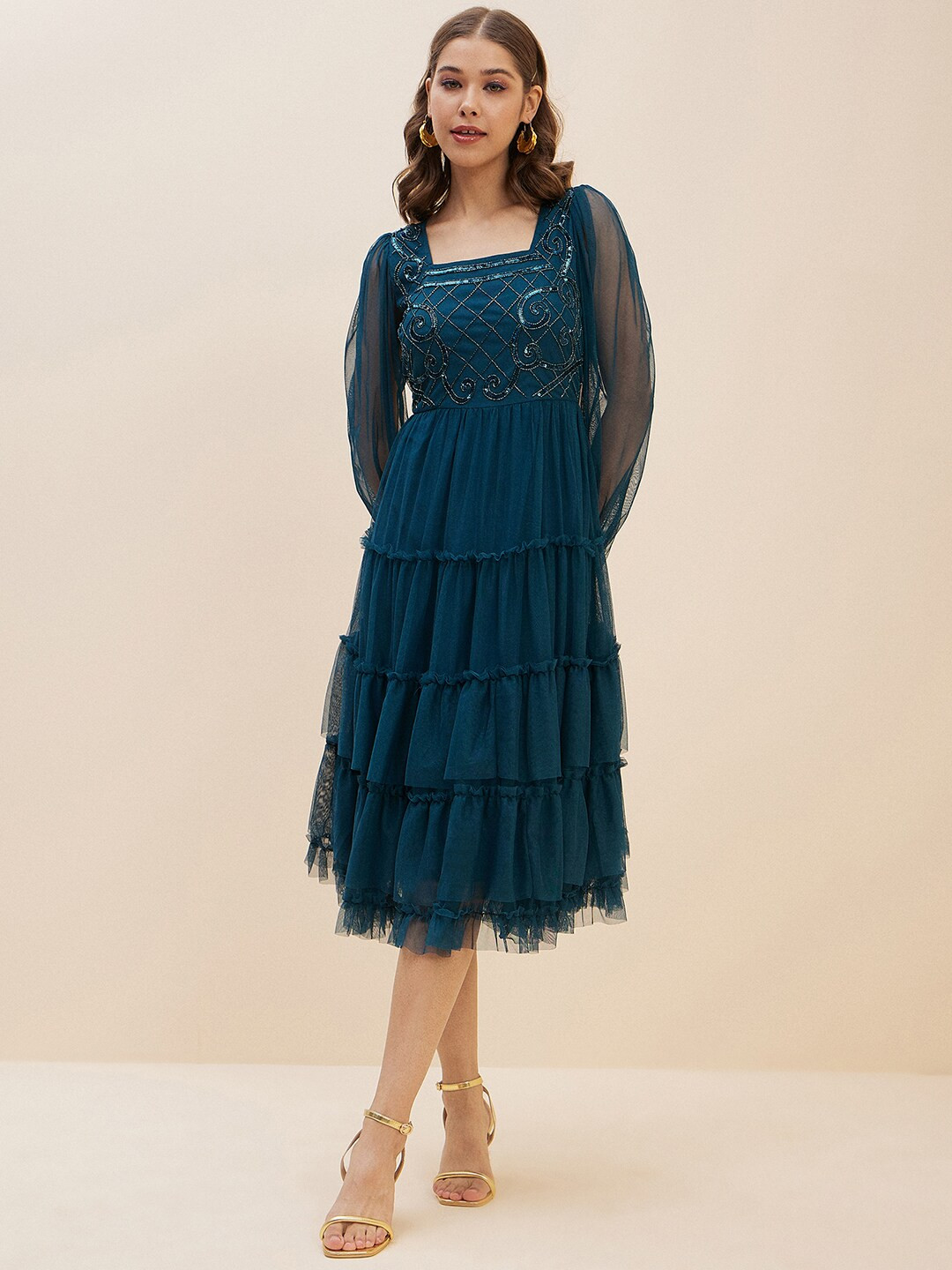 Buy Antheaa Teal Layered Net Fit & Flare Midi Dress - Dresses for Women ...