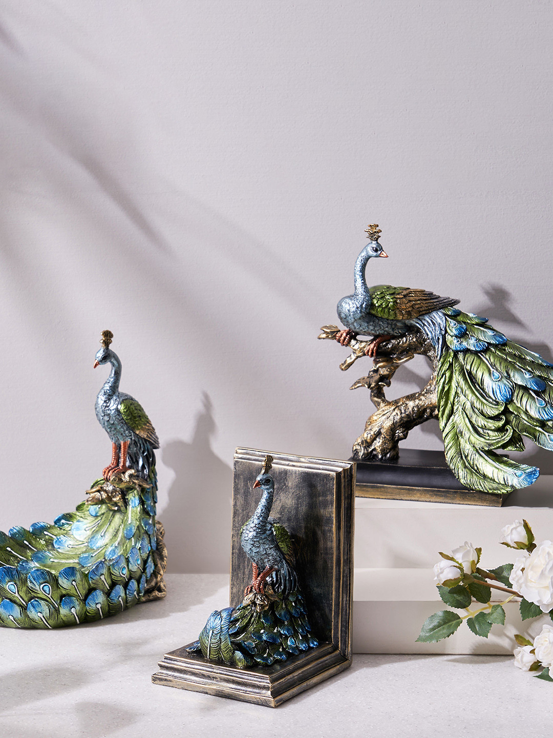 Buy Home Centre Mayur Blue & Green Polyresin Peacock Book End ...
