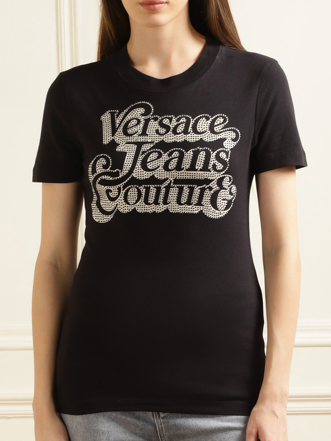 Buy Versace Jeans Couture Typography Printed Pure Cotton T Shirt ...
