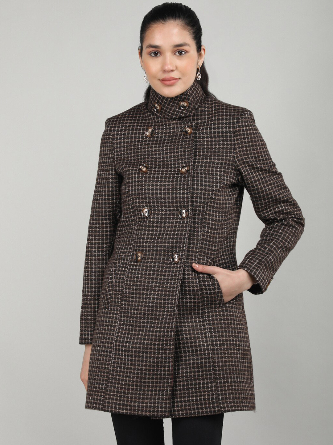 Buy CHKOKKO Checked Stand Collar Double Breasted Longline Pea Coat - Coats for Women 24781218 ...