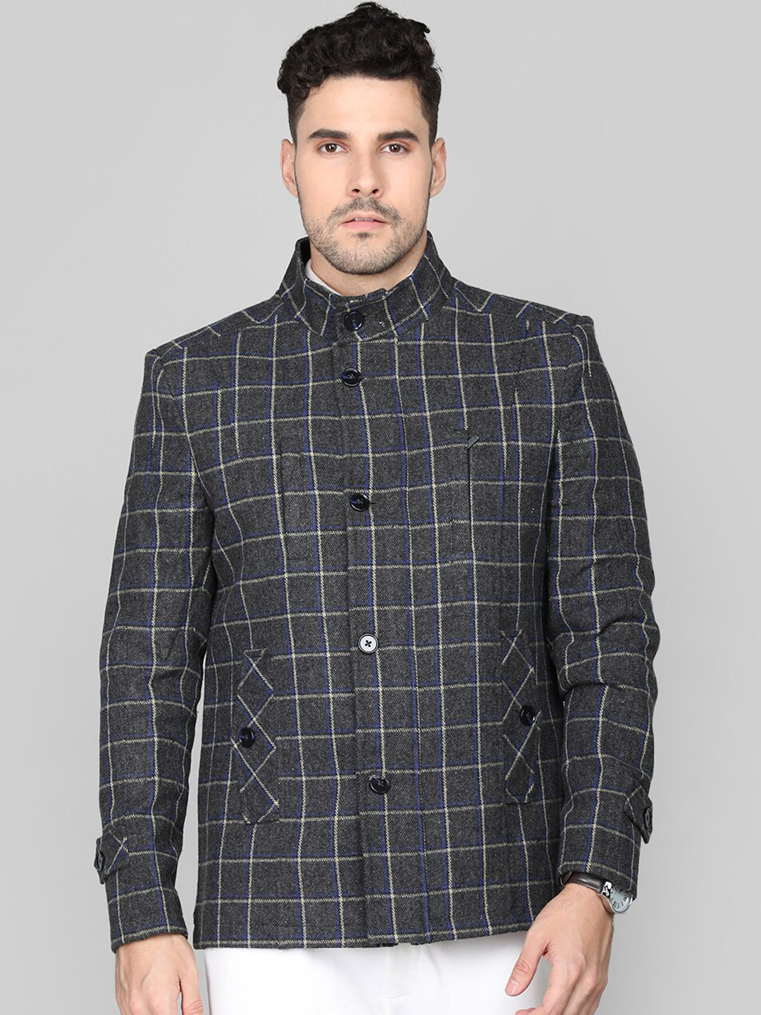 Buy CHKOKKO Checked Stand Collar Pea Coat - Coats for Men 24781750 | Myntra