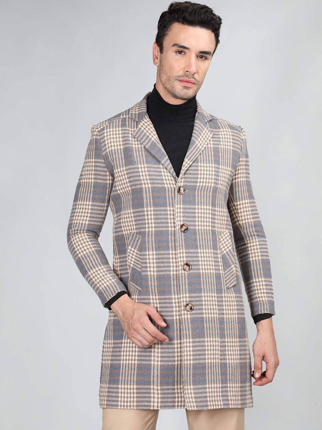 Buy CHKOKKO Checked Notched Lapel Woollen Overcoat - Coats for Men ...