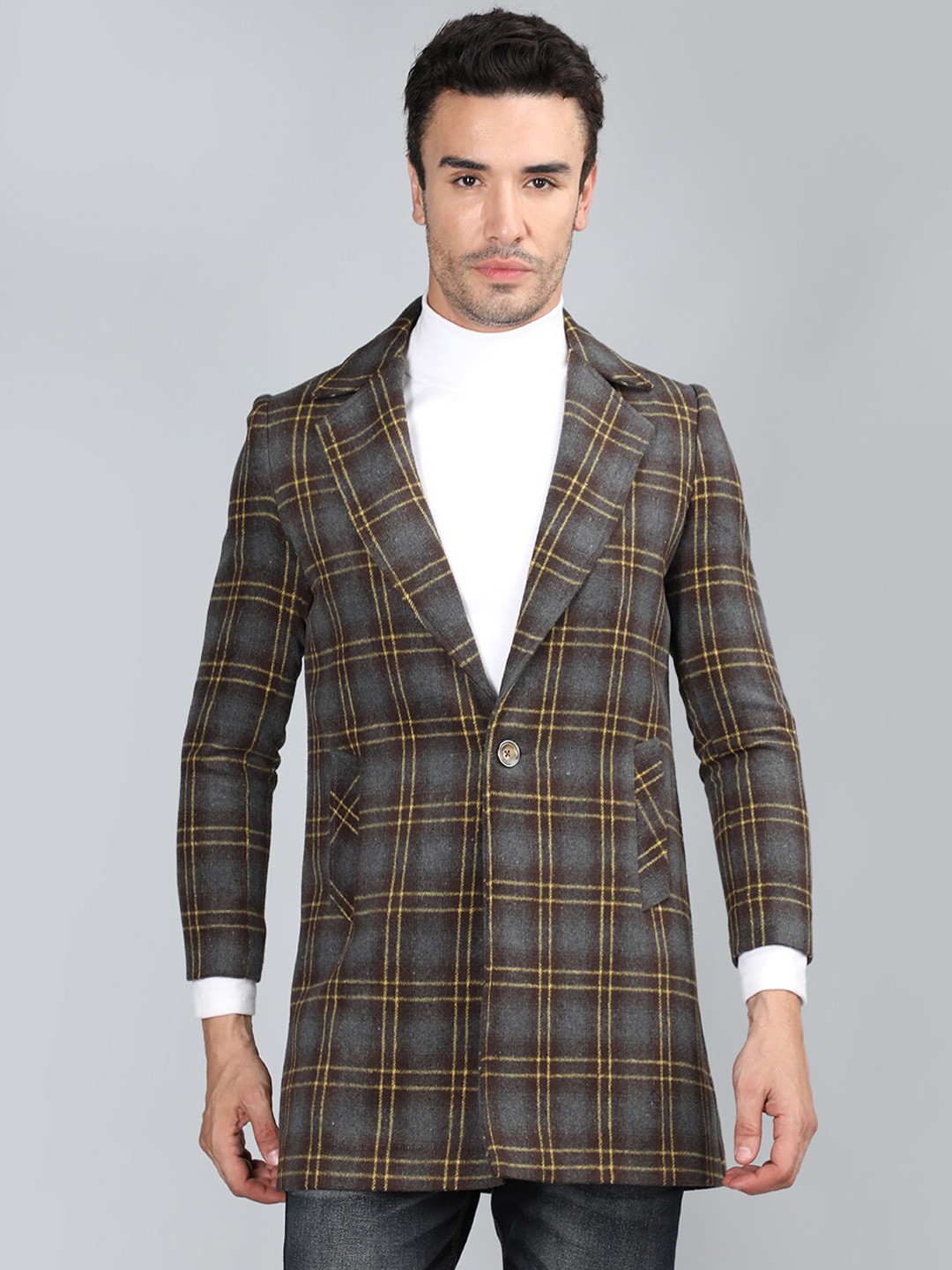 Buy CHKOKKO Checked Single Breasted Longline Woollen Overcoat - Coats ...