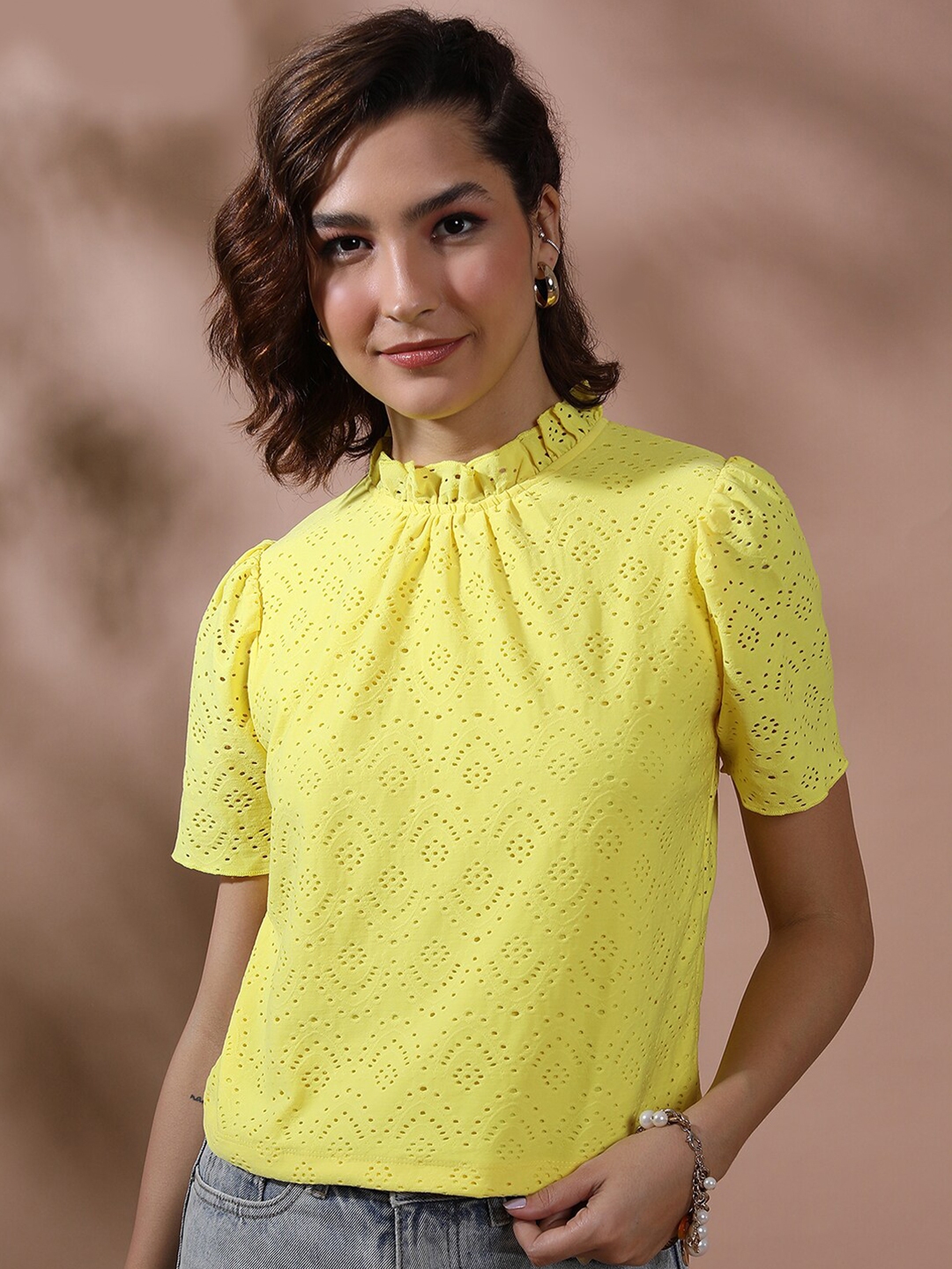 Buy Ketch Self Design High Neck Puff Sleeves Schiffli Ruffles Crop Top