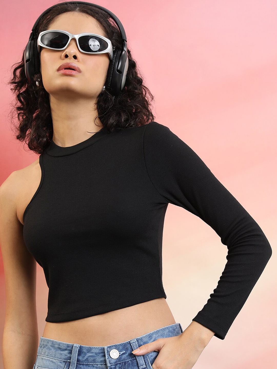 Buy Ketch One Shoulder Ribbed Cut Out Fitted Crop Top Tops For Women