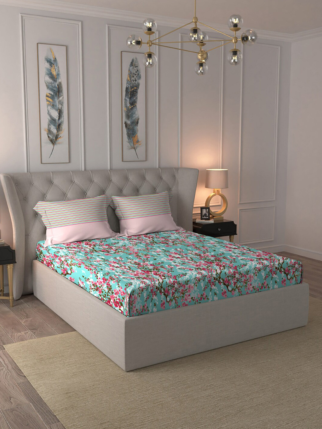 Buy MYTRIDENT Turquoise Blue Pink Floral Pure Cotton 144 TC Queen Bedsheet 2 Pillow Covers ...